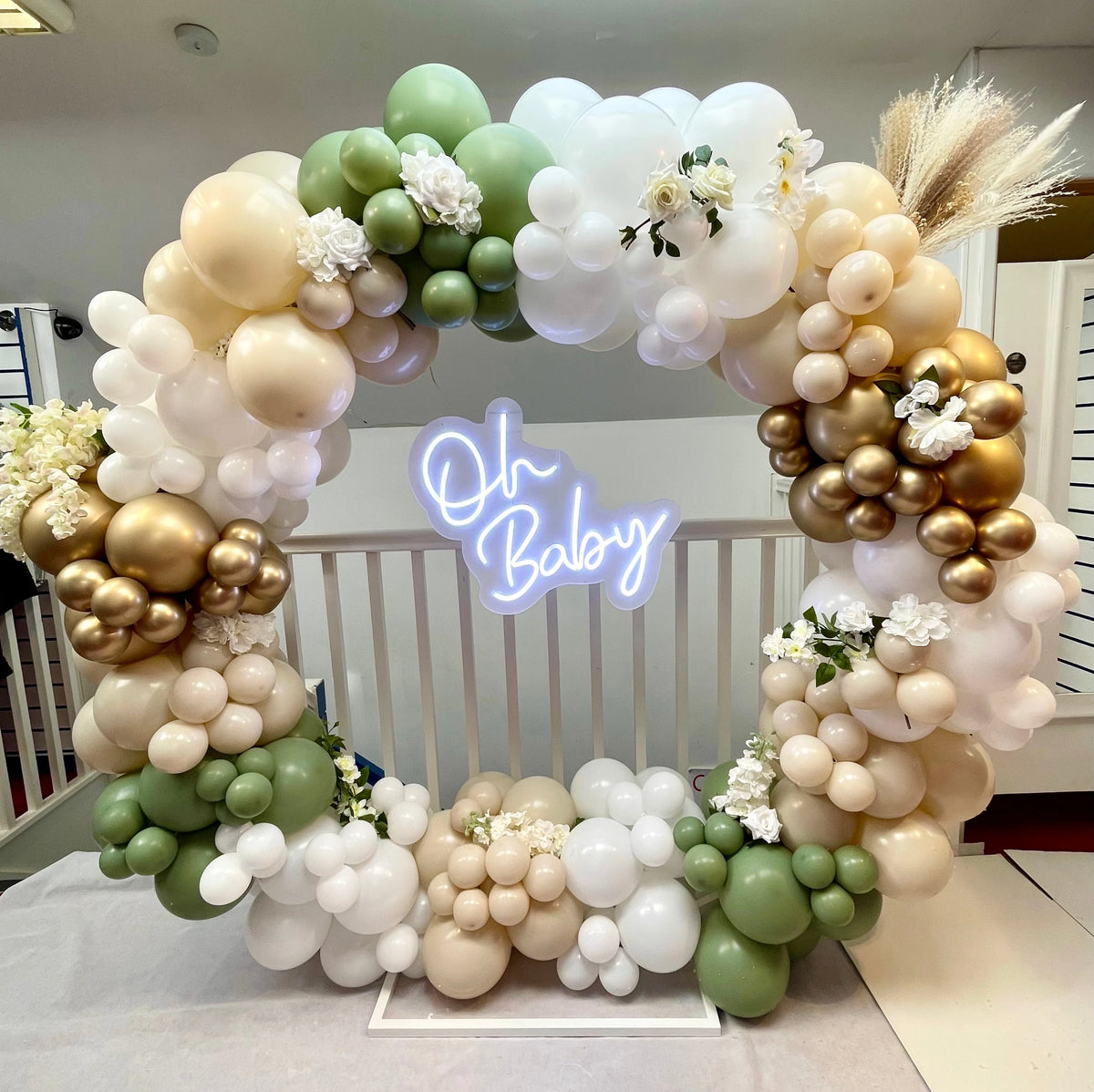 Baby Shower Organic Circle Balloon Arch - Green & Gold | Cheltenham’s ...